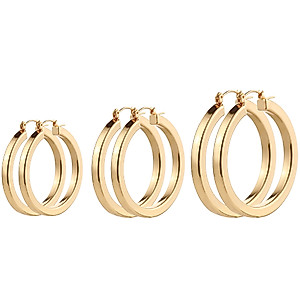 3 Pairs Big Gold Hoop Earrings Set for Women 14K Gold Plated, Hypoallergenic Stainless Steel Post Chunky Twisted Hoops Earring for Women Girls. (3 Gold Square Hoop)