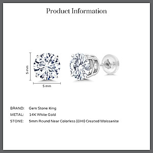 14K White Gold Forever Brilliant Moissanite from Charles & Colvard Stud Earrings with Comfort Back For Women (1.00 Cttw, Round 5MM)