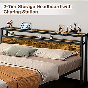 Codesfir Full Size Bed Frame Industrial Platform Bed with Charging Station 2-Tier Storage Headboard and Strong Support Legs, Noise-Free, No Box Spring Needed, Vintage Brown