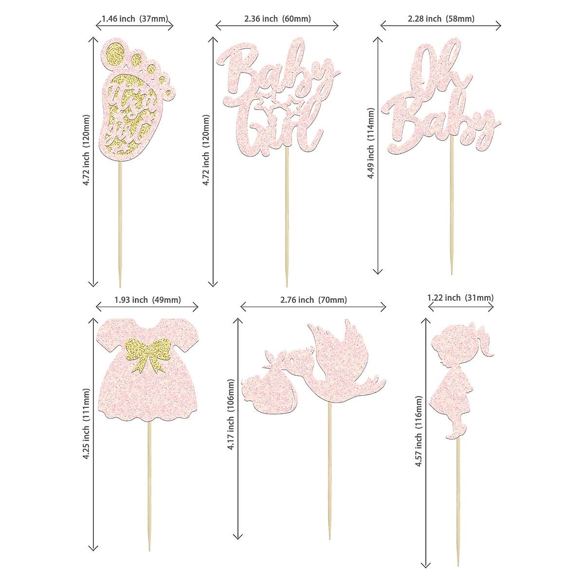 24Pcs Oh Baby Cupcake Toppers Baby Girl Cupcake Toppers with Bow Dress Footprint Swan Light Pink Glitter Babyshower Gender Reveal Cake Picks Decorations for Baby Shower Its a Girl Birthday Party