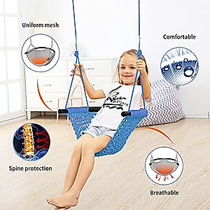 ROPECUBE Kids Swing Seat, Hand-Knitting Toddler Swing, Swing Seat for Kids with Adjustable Ropes, Kids Tree Swing Porch Swing Rope Swing Seat, for Outdoor Indoor, Playground, Backyard(Blue)