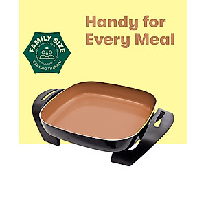 Ceramic Nonstick Electric Skillet - for Roast Fry Steam - Serves 4 to 6 People (12"x12")