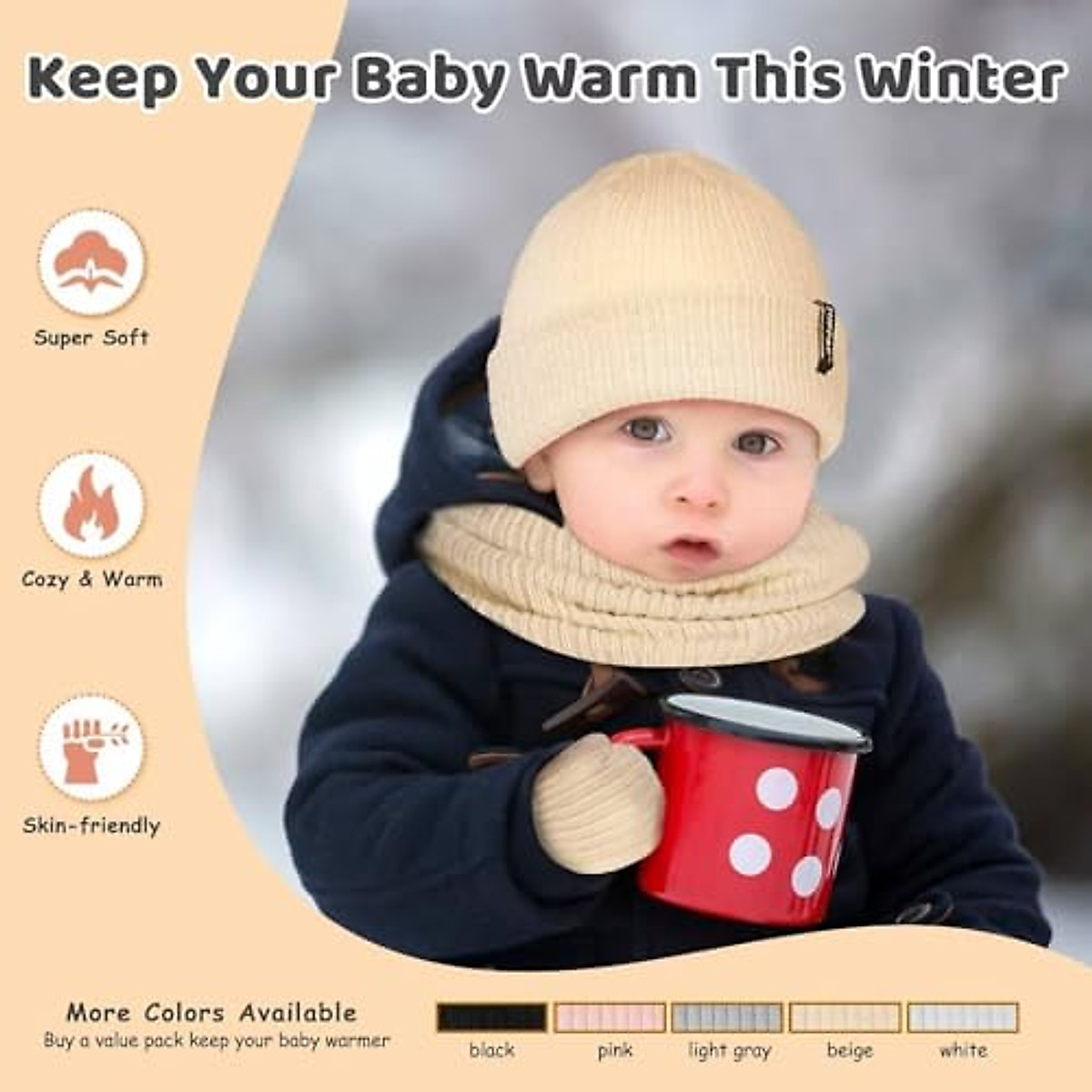 Baby Beanie Mittens Scarf Set Girls Boys, Toddler Winter Hat and Gloves Neck Warmer Set Knit Warm with Fleece Lining, Kids Cold Weather Accessories Sets for Children Infant(Black,6-36 Months)