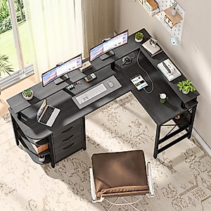 Vabches 67" L Shaped Computer Desk with LED Lights and Power Outlets, Reversible L Shaped Gaming Desk with 3 Drawers Hutch Monitor Stand, Home Office Desk with USB Port