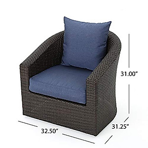 Christopher Knight Home Connie Outdoor 4 Seater Wicker Swivel Chair and Fire Pit Set, Mixed Brown + Navy Blue + Hammered Bronze