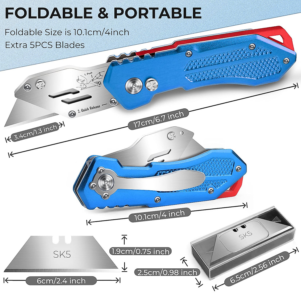 Jetmore Box Cutter Utility Knife, Pink Folding Utility Knife box cutters, Sharp Razor Knife Box Cutter Knife with 5 SK5 Blades, Portable Box Knife Box Opener for Box, Carton, Cardboard