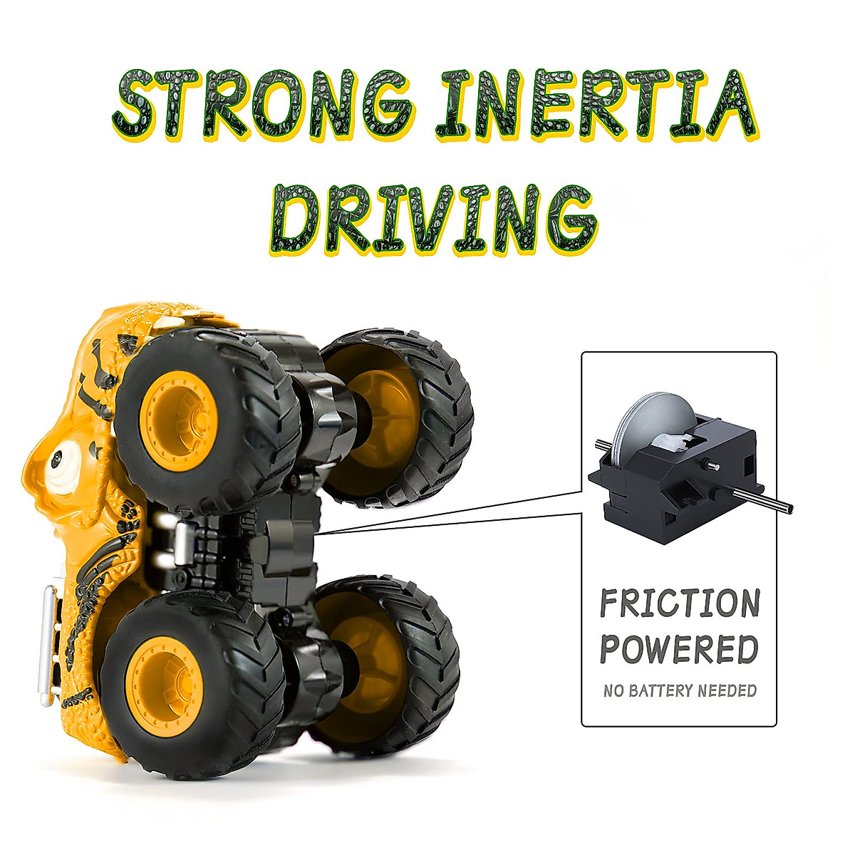 Henoda Dinosaur Toys Pull Back Cars, 2 Pack Monster Truck for 3+ Year Old Boy, Educational Push and Go Friction Powered Cars, Easter Birthday Gifts for 3 4 5 6 Year Old Boys Girls(Yellow)