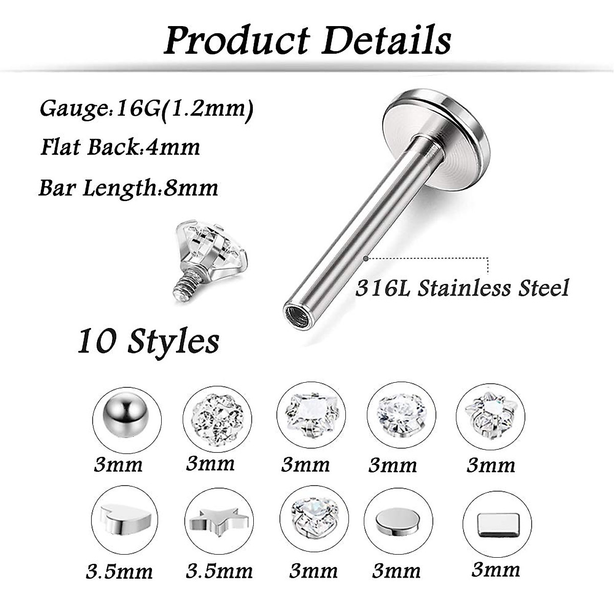 Udalyn 20 Pcs Stainless Steel Labret Studs Lip Rings for Men Women Nose Studs Cartilage Earrings Tragus Helix Piercing Jewelry 16G