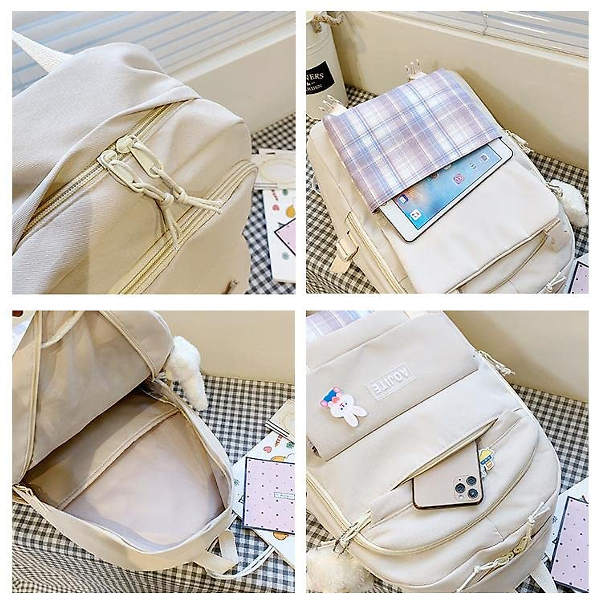 Kawaii School Backpack for Teen Girls Aesthetic Cute Adorable Back to School with Cute Pin and Bear Accessories(Off-White)