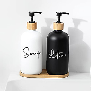17 oz Hand Soap Dispenser Empty Glass Lotion Pump Bottles, Refillable Liquid Dish Soap Bottles for Bathroom Decor, Kitchen Sink, Matte Design and Wood Tray, Pack of 4