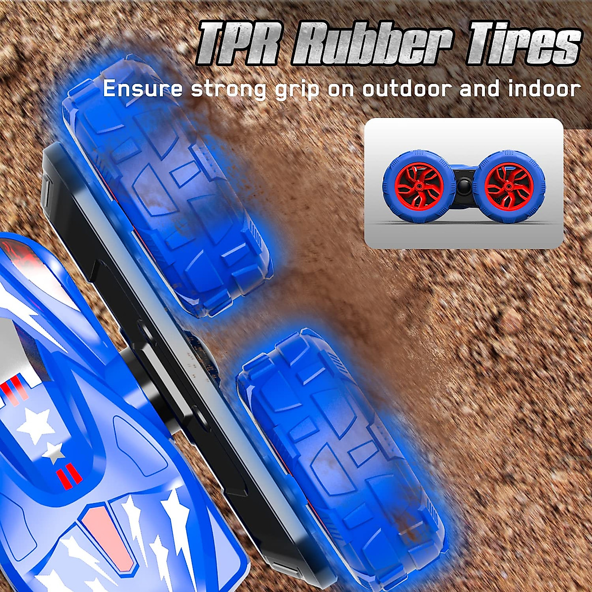 STEMTRON Remote Control Car 2.4GHz RC Stunt Car Double Sided Running Fast RC Car 360°Rotating Vehicles 180°Flips RC Crawler with Bright Headlights Toy Gift for Boys and Girls (Blue)