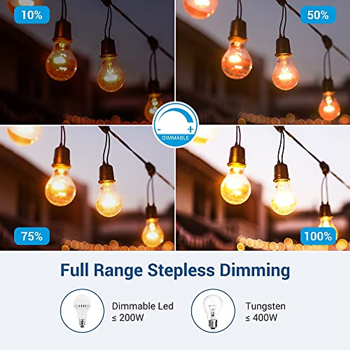 DEWENWILS Dusk to Dawn Dimmer, Outdoor Dimmer for String Light with Remote Dimmer Switch, 100FT Range, Compatible with Dimmable LED/Tungsten Bulbs, FCC Certified