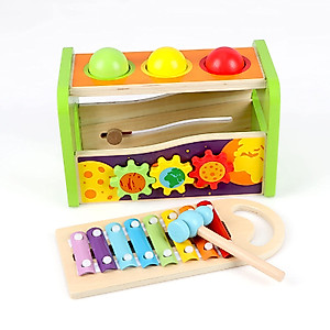 Canuan 4-in-1 Hammering Pounding Toys, Pound & Tap Bench with Slide Out Xylophone, Multifunctional Montessori Wooden Musical Pounding Toys for 1 2 3+ Years Boy Girl Baby Toddlers