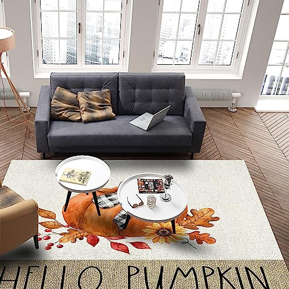 OComster Thanksgiving Rectangle Shape Large Area Rugs - 4 x 6 Feet Fall Hellow Pumpkin Bow Orange Burlap - (Non-Woven + Rubber) Low File Floor Mat