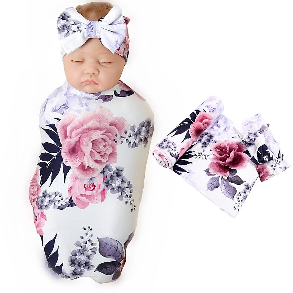 Galabloomer Newborn Receiving Blanket Headband Set Baby Swaddle Mother and Baby (White Blush)