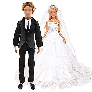 4 Pack Doll Wedding Set 1 White Bride Wedding with Veil for 11.5 Inch Girl Doll 1 Black Groom Suit Clothes for 12 Inch Boy Doll 2 Pairs of Shoes for Dolls