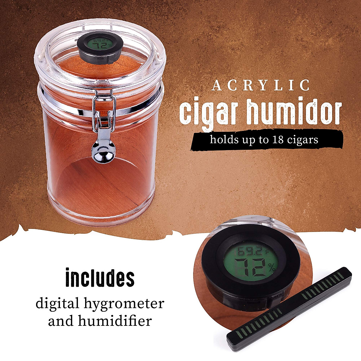 Mantello Cigar Humidor Jar- Acrylic Humidor with Hygrometer for Cigar Humidor, Airtight Lid & Humidifier- Acrylic Humidors for Cigars with Cedar Wood Lining, Holds 18 Cigars