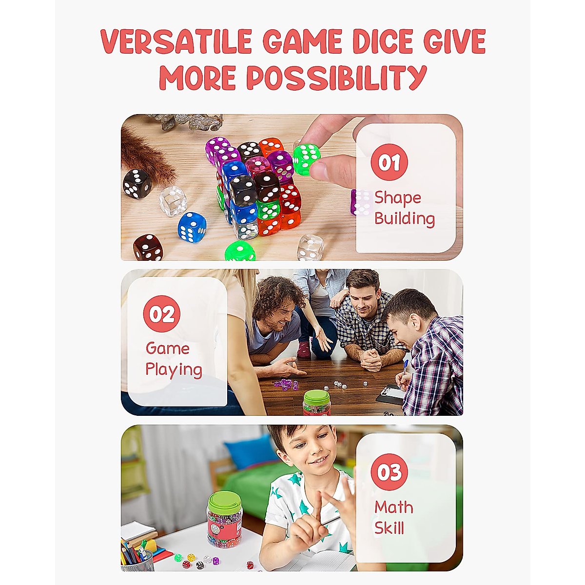 JoyCat 16mm 6 Sided Dice Set Standard Game Dice Kids for Board Games Dice Games Math Dice for Classroom with Storage Bucket (100, Translucent)