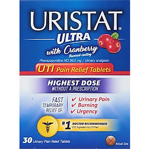 Uristat Ultra UTI Pain Relief Tablets, Fast Urinary Tract Infection Relief of Urinary Pain, Burning, Urgency, Maximum Strength, Cranberry Flavored Coating, 30 Tablets
