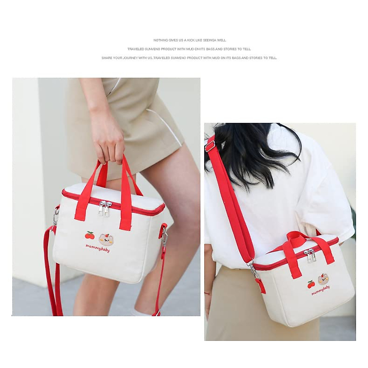Kawaii Lunch Bag Cute Embroidery Lunch Box Reusable Thermal Cooler Lunch Tote Bag for Back to School Supplies (Red)