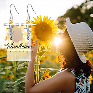 Cross Earrings 925 Sterling Silver Sunflower Dangle Earrings Sunshine Cross Dangle Drop Religious Jewelry Christian Baptism Gift for Women