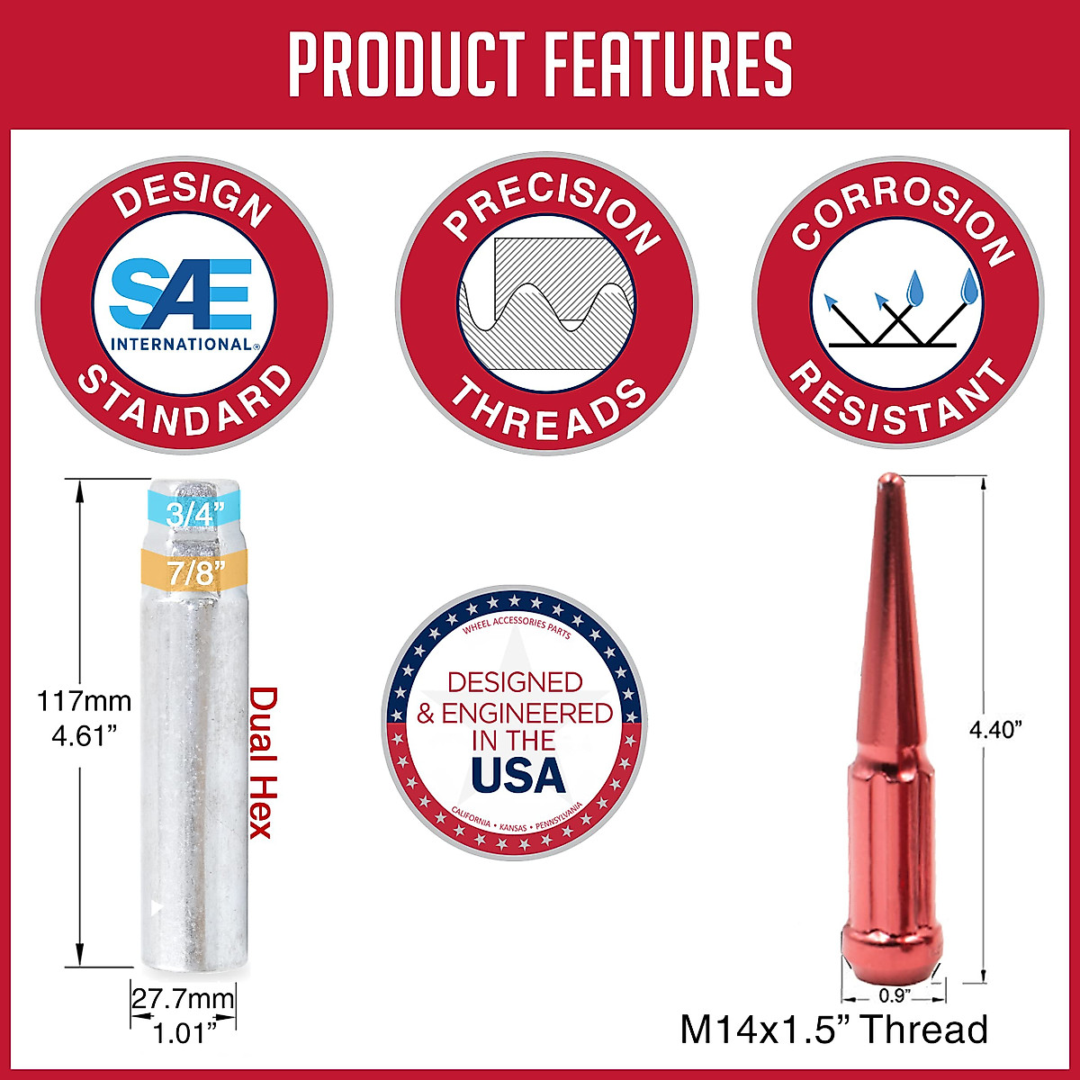 Wheel Accessories Parts 24 Pcs M14x1.5 14x1.5 Thread Spiked 4.4" Long Lug Nuts Red Truck Spline Fits Chevy 1999+ Silverado | GMC Sierra 1500 | Ford 2016+ F150 | RAM 2019+ 1500