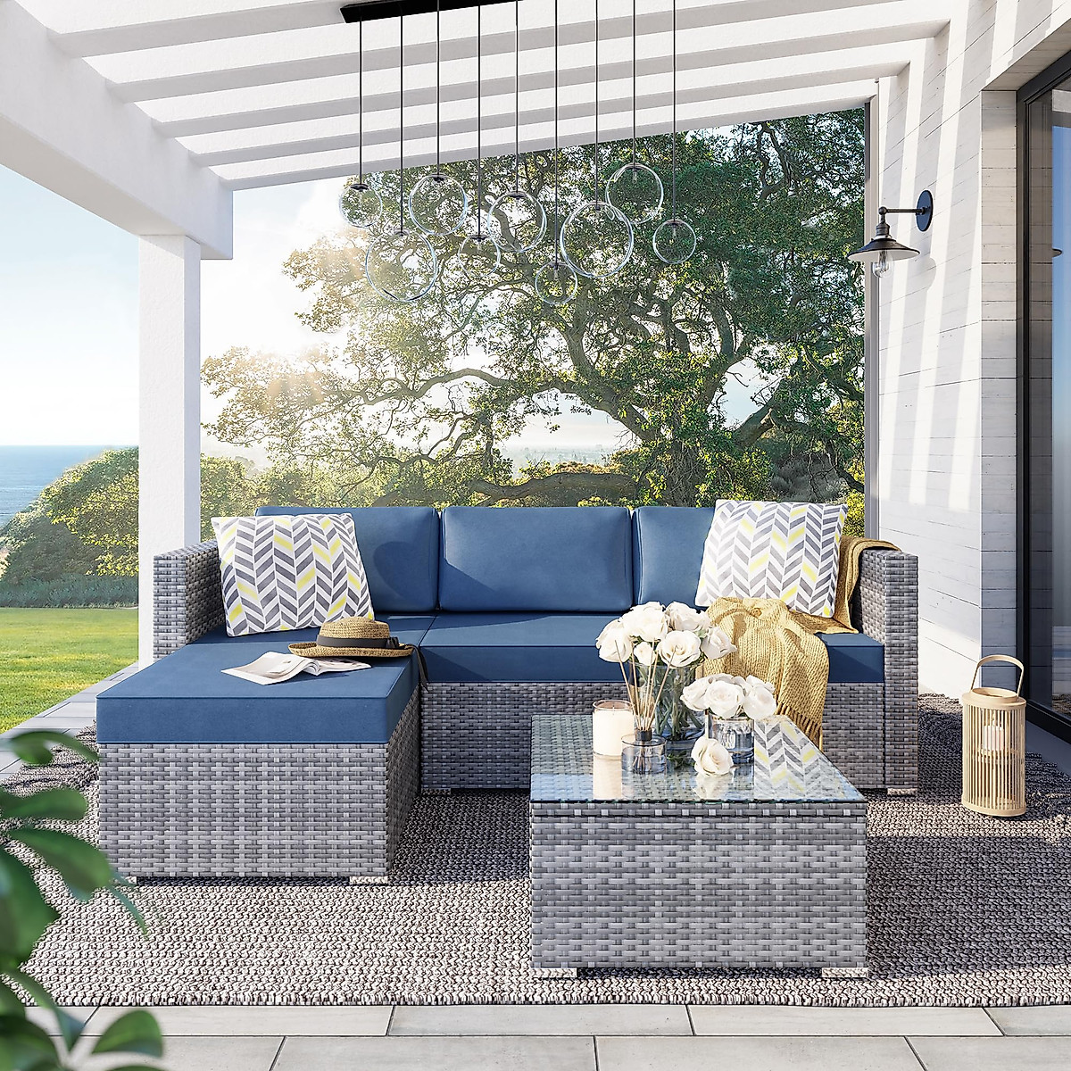 SUNLEI 3-Piece Patio Sectional Sofa, Patio Furniture Set with Cushions, All Weather Outdoor PE Wicker Patio Conversation Sofa Set with Glass Coffee Table & ottoman, Silver Rattan/Aegean Blue