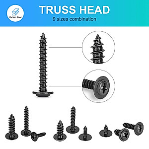 MEIYYJ 540pcs M2.3 M2.6 M3 Phillips Truss Head Tapping Screw Wafer Head with Washer, Self Tapping Screw Assortment Kit, Black Carbon Steel.