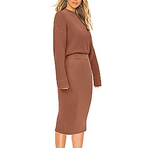 PRETTYGARDEN Womens 2024 Fall Two Piece Outfits Ribbed Knit Long Sleeve Pullover Sweater And Bodycon Midi Skirt Sets (Brown,Large)