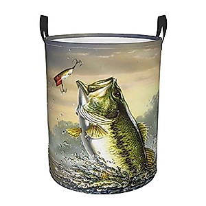 Duwrap Laundry Hamper Large Fish Bass Jumping Out Water Laundry Basket Bag With Lid Large Collapsible Laundry Cloth Washing Bin Household Organizer Bags Toy Storage Baskets For Bedroom Closet