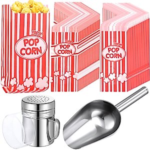 602 Pcs Popcorn Maker Supplies Set Include 600 Pcs 1oz Paper Popcorn Bags, Stainless Steel Popcorn Scoop and Dredge Bundle with Lid for Movie Night Theater Retro Carnival Birthday Party Supplies