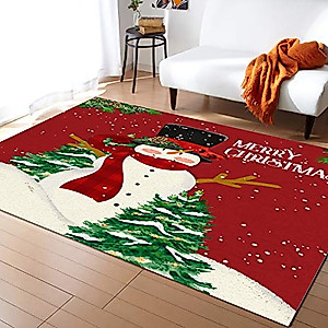 Indoor Area Rug - Welcome Mat Living Room Area Rugs Washable Non-Slip Floor Carpet for Bedroom Farmhouse Dorm (Merry Christmas Snowman Xmas Tree Red, 2'x3')