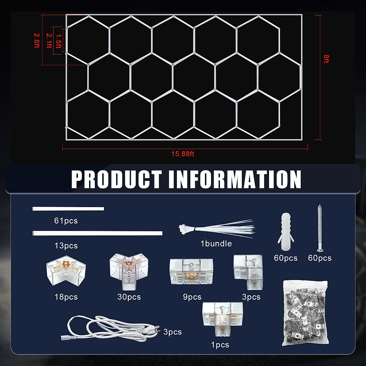 Baquler 15 Hexagon LED Garage Light System Honeycomb LED Shop Lights with White Border for Garage Workshop Car Detailing Shop Exhibition Hall, 680 W 81600 LM, 15.88 x 7.98 ft Ceiling Decor(1 Set)