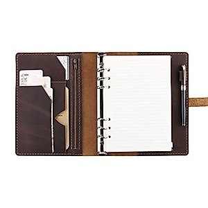Refillable Leather Journal Writing Notebook, A5 Leather Travel Journal with Pockets, Vintage 6 Ring Binder Organizer Planner Portfolio, Best Travel Gifts - Brown