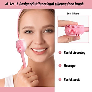 Silicone Facial Cleansing Brush 3 Designs, Beomeen 4 in 1 Handheld Face Scrubber for Deep Gentle Exfoliating, Double-Ended Face Wash Scrub Brush for Face Skincare and Massage (Pink)