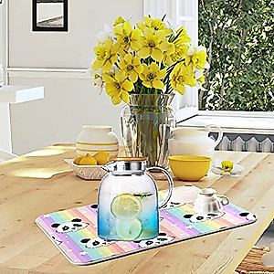 Cartoon Panda Rainbow Stripe Dish Drying Mat Counter Mats for Kitchen Dish Drainer Tray Heat Resistent Mat Terry Cloth Dish Drying Mat 18 x 24