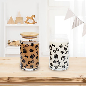 Whaline Dog Paw Ice Coffee Cup 16oz Black White Pet Paw Bone Glasses Cup with Bamboo Lids Glass Straw Cleaning Brushes Cute Drinking Glasses for Cocktails Whiskey Beer Soda Gifts, 2Pcs