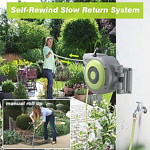 REDUCTUS 5/8" x 85 ft Retractable Garden Hose Reel, Wall Mount Retractable Water Hose with 10 Pattern Hose Nozzle, Any Length Lock/180° Swivel Automatic Hose Reels for Outside Garden Watering