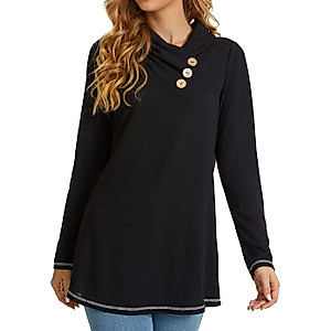 WEIYAN Women's Cowl Neck Tunic Long Sleeve Pullover Shirt Casual Sweatshirt Loose Tops with Buttons(Black,X-Large)