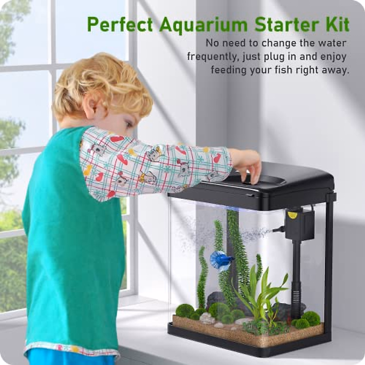 PONDON Betta Fish Tank, 2 Gallon Glass Aquarium, 3 in 1 Fish Tank with Filter and Light, Desktop Small Fish Tank for Betta Fish, Shrimp, Goldfish (Black)