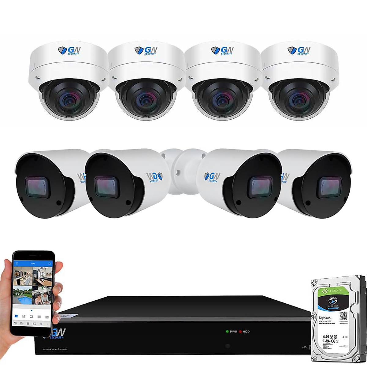 GW Security 8 Channel 12MP NVR UltraHD 4K (3840x2160) PoE Security Camera System with 4 Bullet and 4 Dome 4K (8MP) IP Microphone AI Camera, 100ft Night Vision, Outdoor/Indoor Surveillance Camera