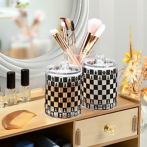 Black White Chess Board Qtip Holder Dispenser Chess Pieces Bathroom Canister Storage Organization 2 Pack Clear Plastic Apothecary Jars with Lids Vanity Makeup Organizer For Cotton Swab Ball Floss