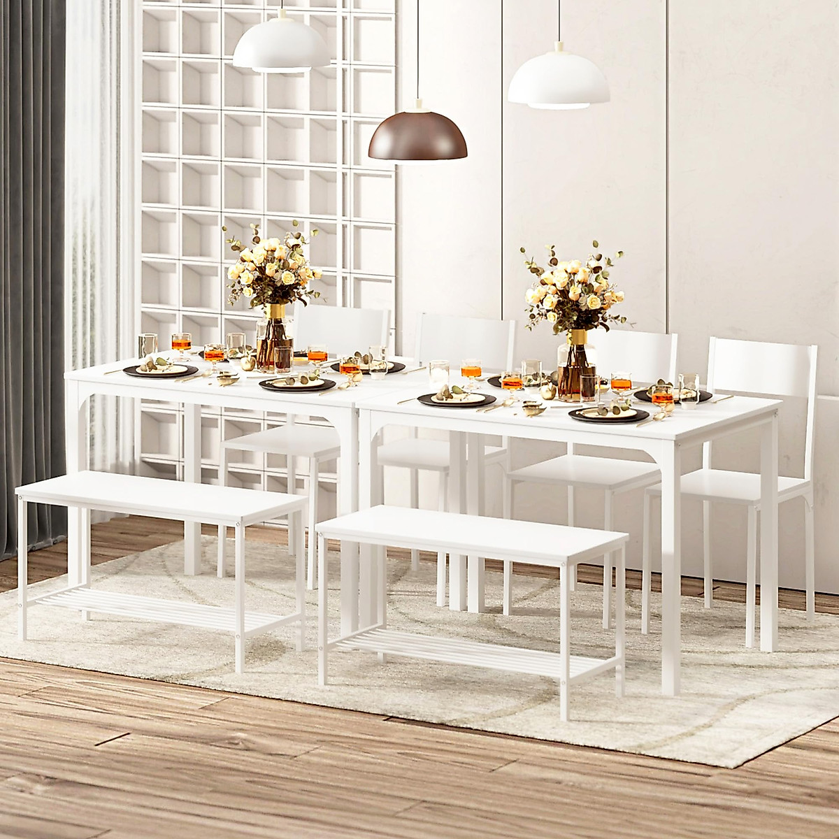 sogesfurniture 4 Piece Dining Table Set, Dinette Set Kitchen Table with Bench and Chairs, Kitchen Dinner Table with Benches for 4, Includes Table, 2 Chairs & Bench,White
