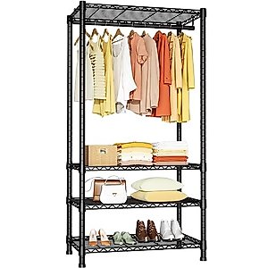 Ulif H2 Heavy Duty Clothes Rack, Freestanding 4 Tiers Garment Rack for Hanging Clothes with Shelves and Hangers, Closet Organizers and Storage Metal Closet Wardrobe System, Max Load 500 LBS, Black