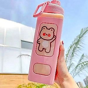 Kawaii Water Bottle With Straw And Sticker 23.6oz Cute For Kids Girls No Leak Large Sport Plasti Portable Square Drinking School Supplies, 02-Pink, 24