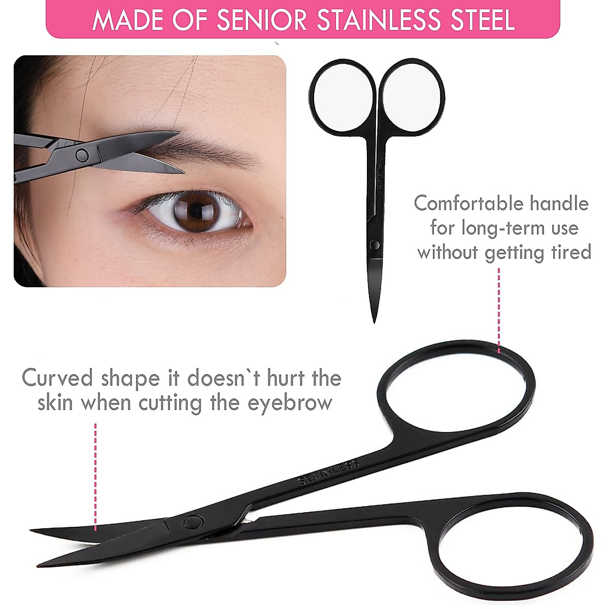 KINGMAS 5 Pcs Eyebrow Tweezers Set, Stainless Steel Brow Tweezer Scissors Set with Travel Case for Brow Facial/Ingrown Hair, Splinter (Black)