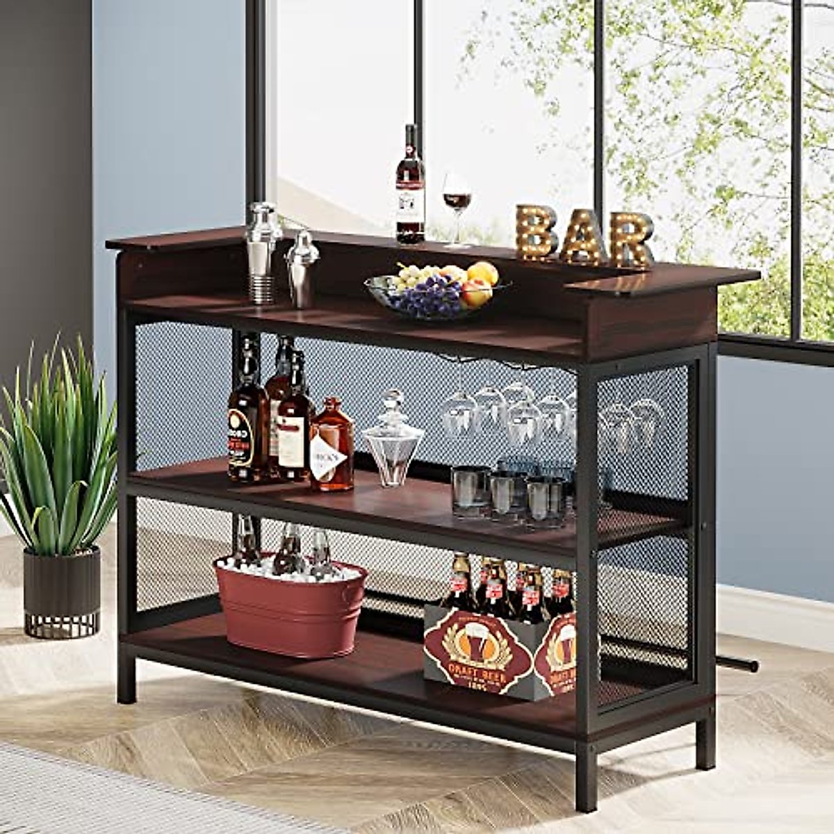 Tribesigns Industrial Home Bar Unit, 3 Tier Liquor Bar Table with Stemware Rack and Wine Storage Display Shelf, Mini Bar Cabinet with Glass Holder Footrest and Mesh Front