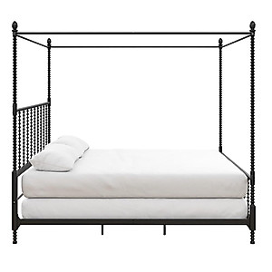 Pemberly Row King Size Canopy Bed with Headboard, Footboard, Metal Slats in Metal, in Black, No Box Spring Needed, Easy Assembly