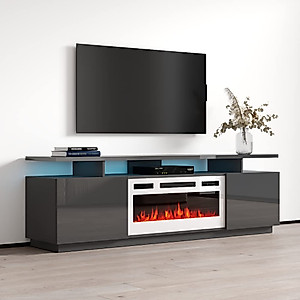 Eva-KWH Fireplace TV Stand for TVs up to 80", Modern High Gloss 71" Entertainment Center, Electric Fireplace TV Media Console with Storage Cabinets and LED Lights