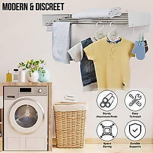 Zentuary Home Wall Mounted Clothes Drying Rack – Space-Saving Foldable Laundry Dryer Rack with 2 Towel Rails, Hangers & Pegs Included |Collapsible Wall Drying Rack | Indoor & Outdoor Use, 31.5 Inches